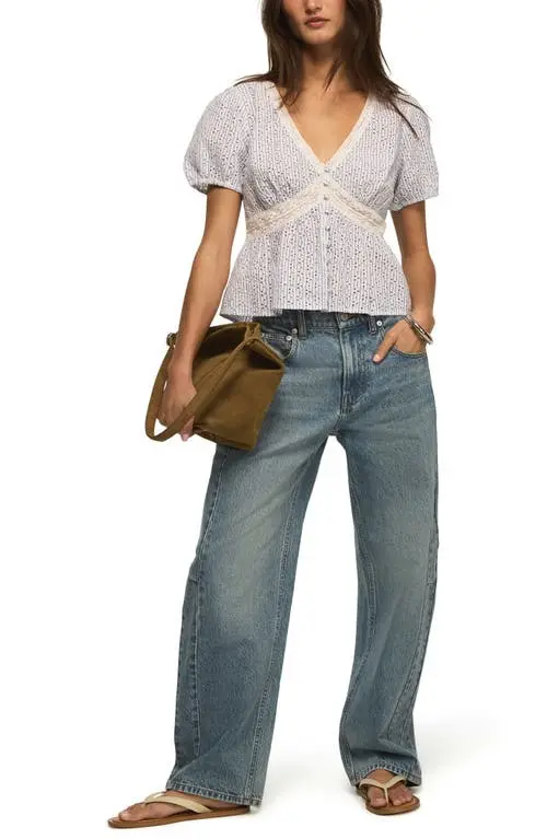 Lucky Brand Eyelet Embroidered Babydoll Top