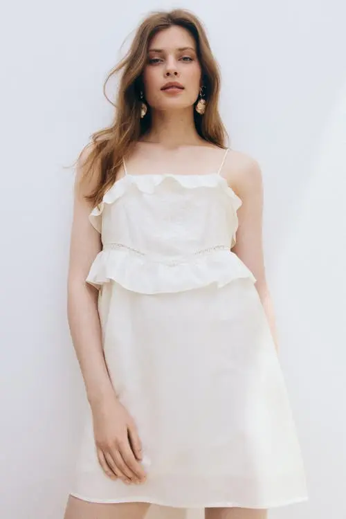 H&m Frill-trimmed Strappy Mini Dress With Embroidery - Cream