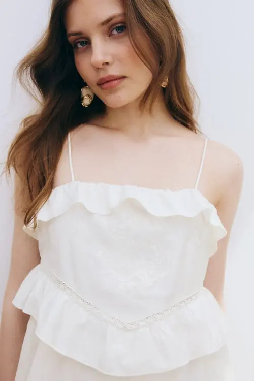 H&m Frill-trimmed Strappy Mini Dress With Embroidery