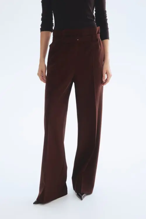 H&m Belted Paper Bag Waist Straight Leg Trousers