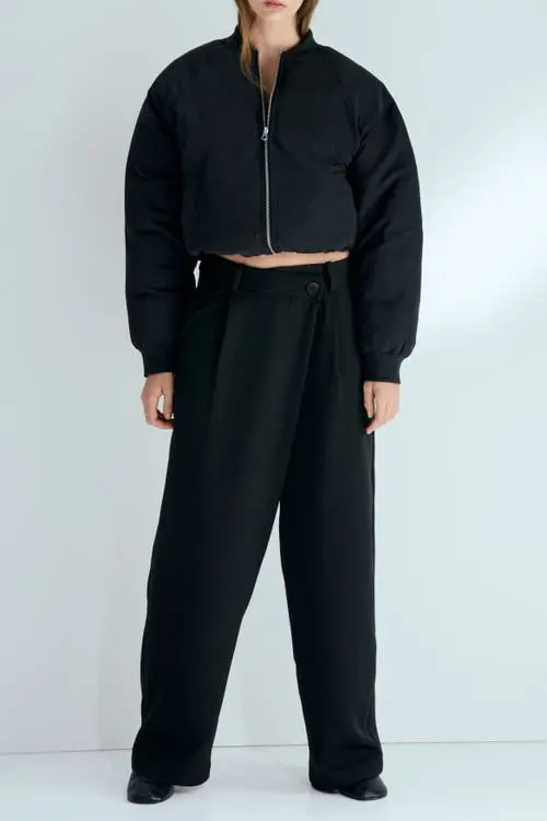 H&m Wrapover Tailored Trousers With Asymmetric Front And Wide Legs - Black