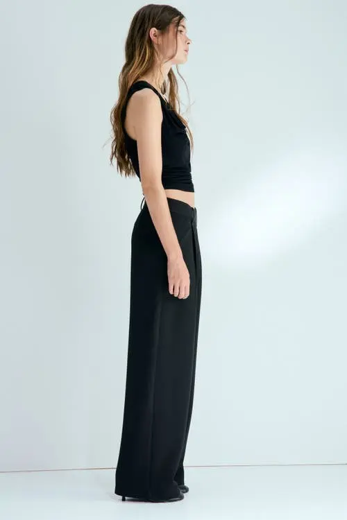 H&m Wrapover Tailored Trousers With Asymmetric Front And Wide Legs - Black