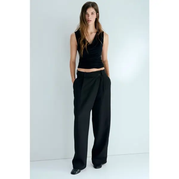 H&m Wrapover Tailored Trousers Wide Leg, Asymmetrical Design - Black