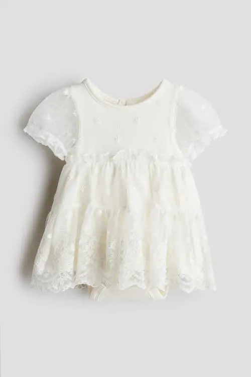 H&m Embroidered Mesh Bodysuit Dress - White