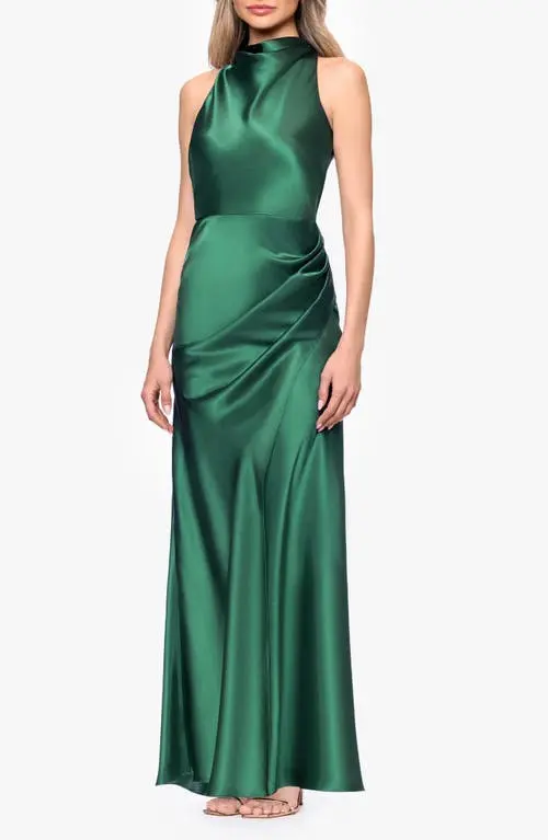 Betsy & Adam Ruched Sleeveless Satin Charmeuse Gown - Hunter