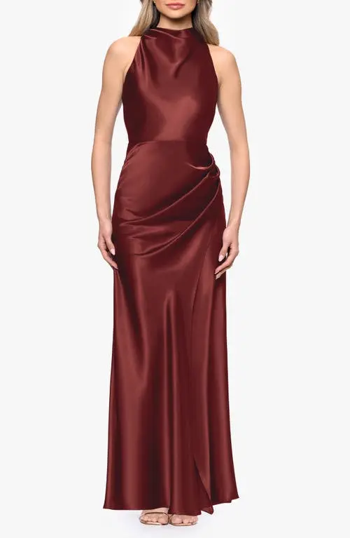 Betsy & Adam Ruched Sleeveless Satin Charmeuse Gown - Nutmeg
