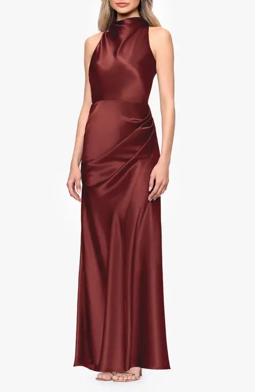 Betsy & Adam Ruched Sleeveless Satin Charmeuse Gown - Nutmeg