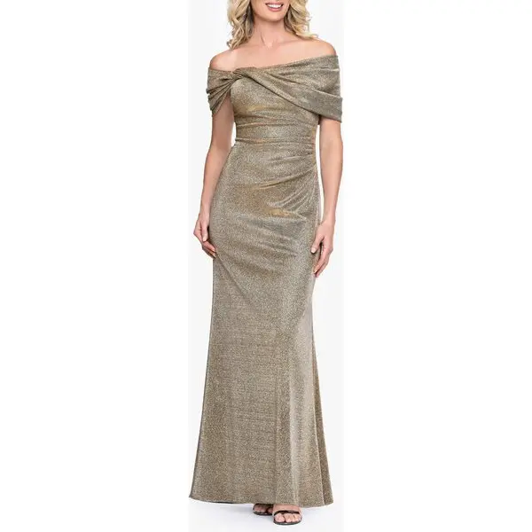 Betsy & Adam Galaxy Metallic Twist Detail Off The Shoulder Gown