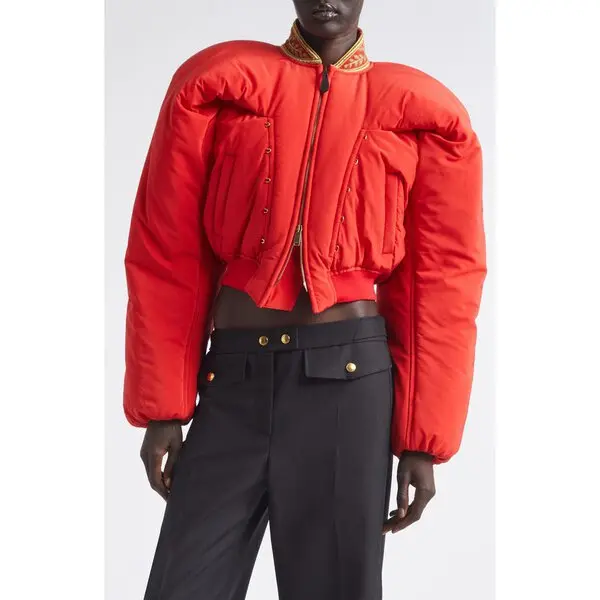 Alexander McQueen Red Silk Cropped Bomber Jacket
