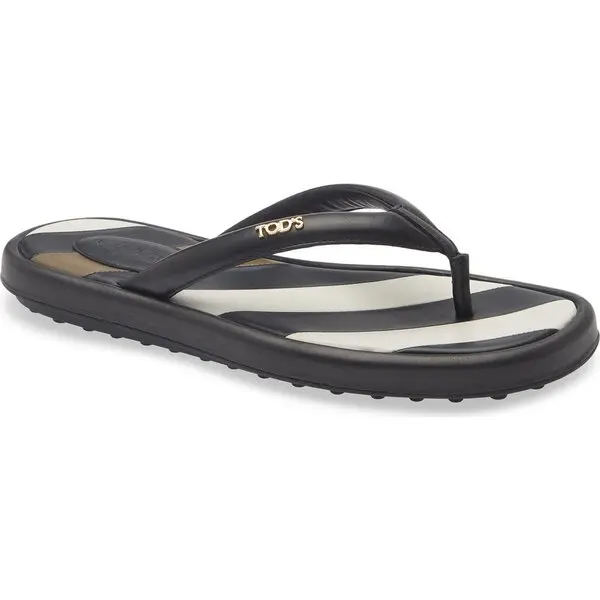 TOD'S Stripe Leather Gomma Flip Flops - Nero