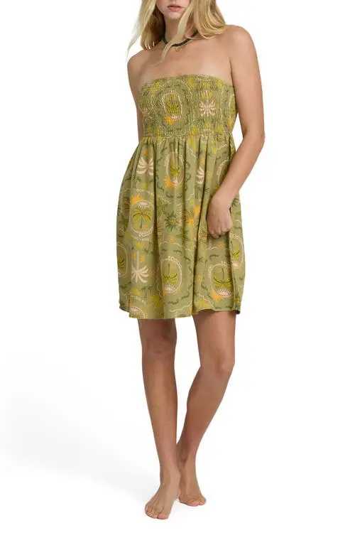 BILLABONG Smocked Strapless Mini Dress With Tropical Print