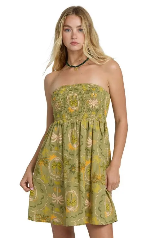 BILLABONG Smocked Strapless Mini Dress With Tropical Print