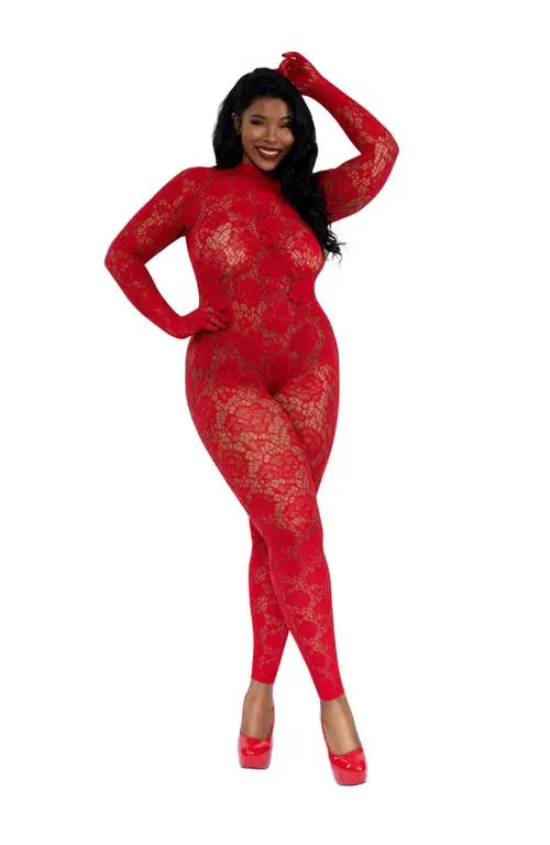 DREAMGIRL Floral Lace Seamless Bodystocking - Red