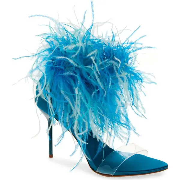 Jeffrey Campbell Bienvenue Feather Ankle Strap Stiletto Sandal - Turquoise Satin Combo