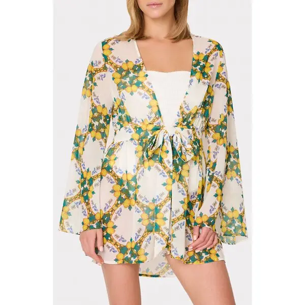 MILLY Jessie Lemon Tile Long Sleeve Cover-up - White Multi