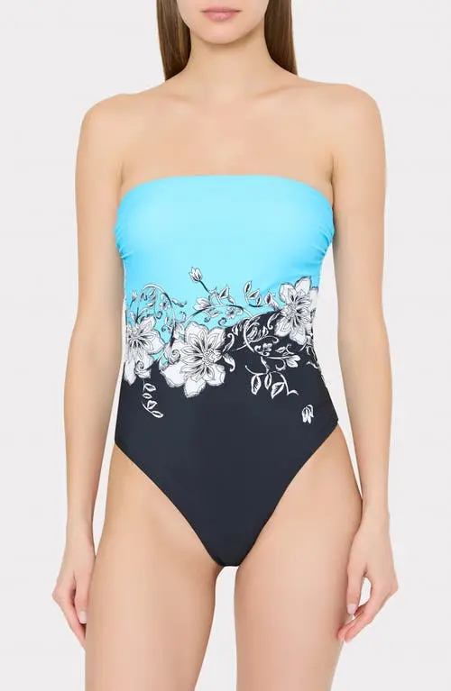 MILLY Floral Strapless One-piece Swimsuit - Blue Black