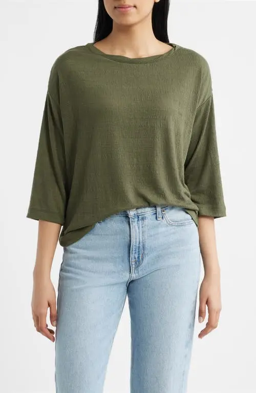 CITY BLUES Textured Knit Top With Dropped Shoulders And Three-quarter Sleeves - Olive