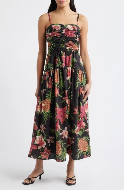 Vince Camuto Floral Square Neck Ruched Cotton Midi Dress