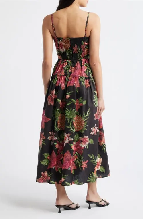Vince Camuto Floral Square Neck Ruched Cotton Midi Dress