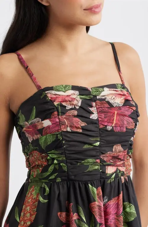 Vince Camuto Floral Square Neck Ruched Cotton Midi Dress