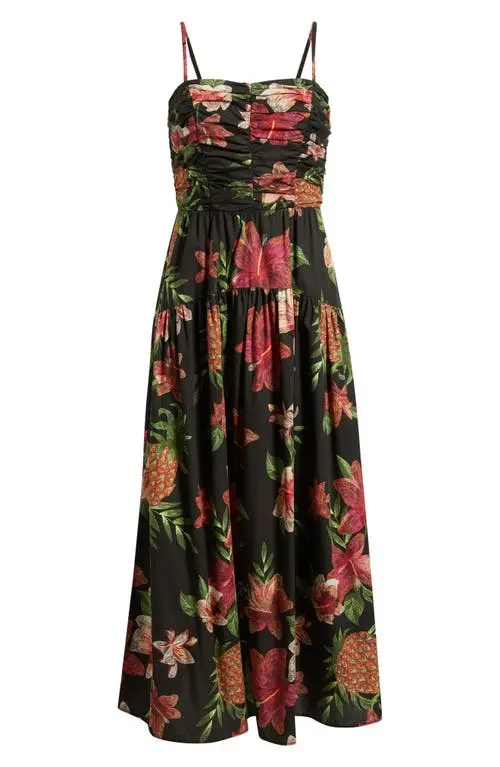Vince Camuto Floral Square Neck Ruched Cotton Midi Dress