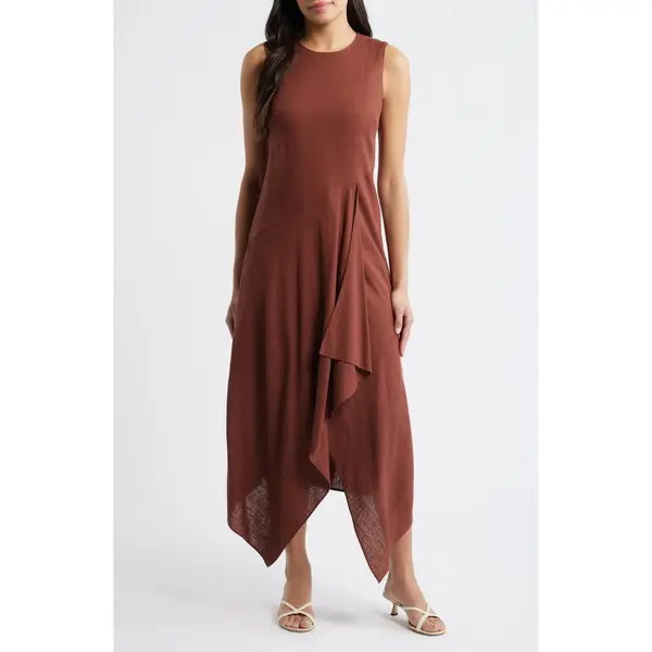 Vince Camuto Sleeveless Linen Midi Dress With Handkerchief Hem - Brown