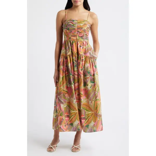 Vince Camuto Pleated Cotton Poplin Maxi Sundress - Green Mult