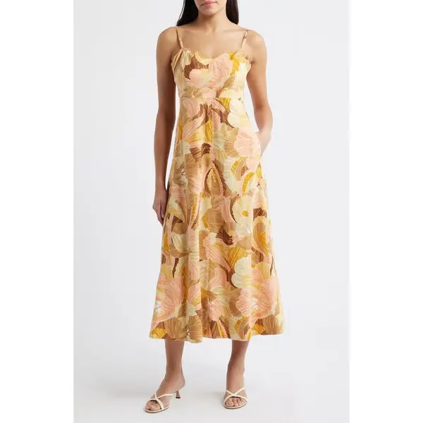 Vince Camuto Floral Linen Blend Midi Dress - Brown Mult