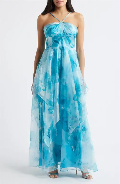 Eliza J Halterneck Evening Gown With Handkerchief Skirt