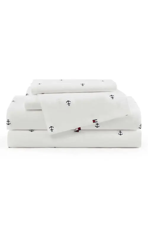 Tommy Hilfiger Anchor & Flag Cotton Percale Sheet Set - White/dark Blue