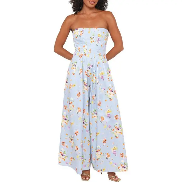 PETAL & PUP Wren Floral Strapless Wide Leg Jumpsuit - Cornflower Blue Floral