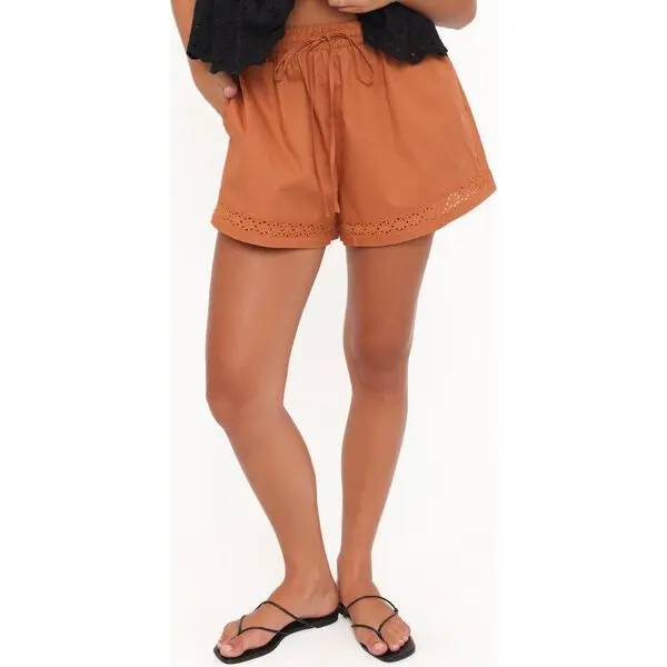 PETAL & PUP Cotton Eyelet Trim Drawstring Shorts - Rust