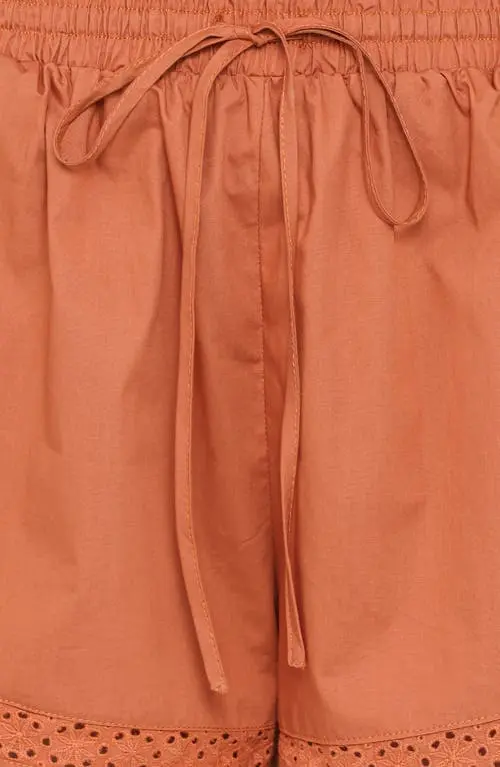 PETAL & PUP Cotton Eyelet Trim Drawstring Shorts - Rust