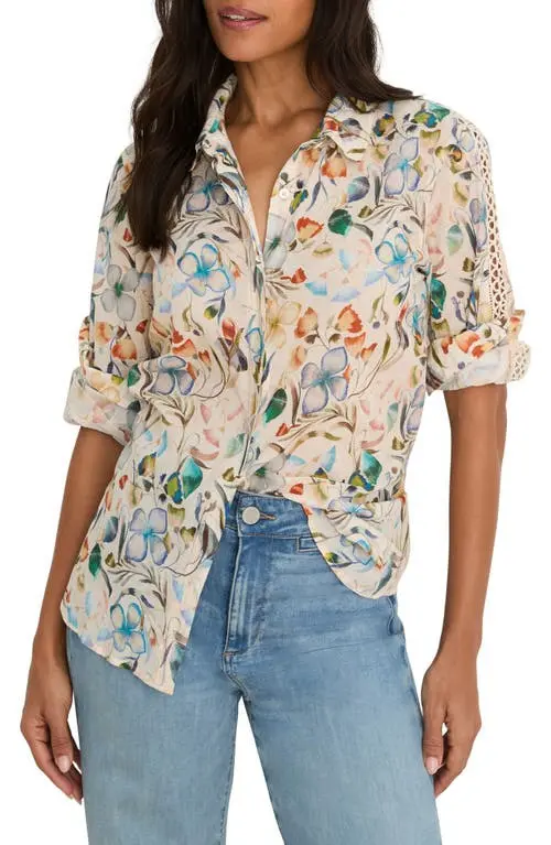 NIC+ZOE Pressed Flower Button-up Top With Crochet Trim