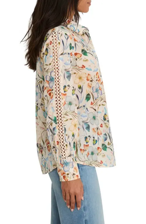 NIC+ZOE Pressed Flower Button-up Top With Crochet Trim