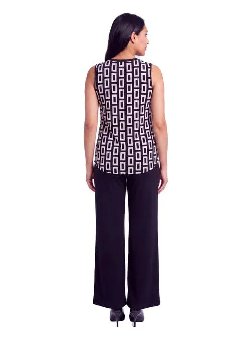 24SEVEN COMFORT APPAREL Geometric Print V-neck Sleeveless Top And Flared Pant Set - Black Multi