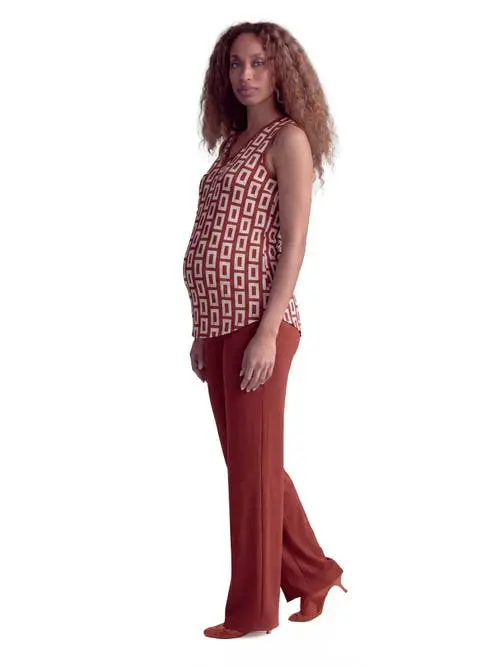 24SEVEN COMFORT APPAREL Maternity Geometric Print V-neck Top And Flared Pant Set