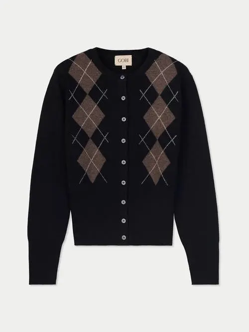 Gobi Cashmere Argyle Cardigan - Black