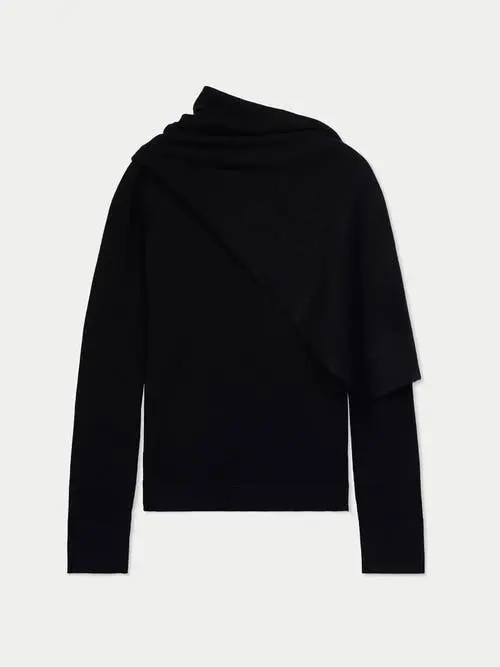 Gobi Cashmere Draped Scarf Sweater - Black