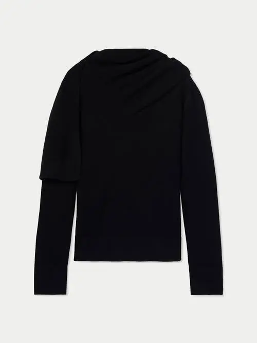 Gobi Cashmere Draped Scarf Sweater - Black