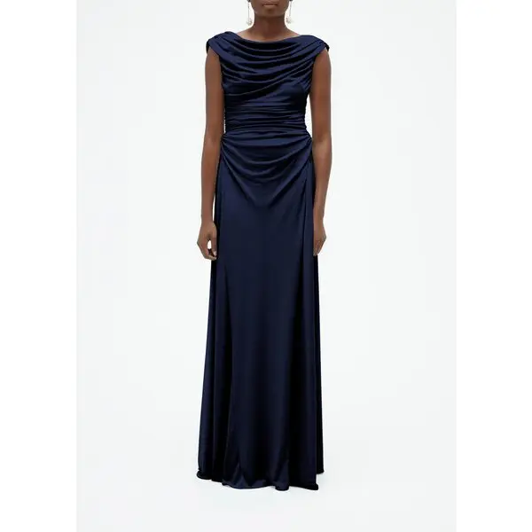 Amsale Draped Cowl Neck Maxi Gown - Navy