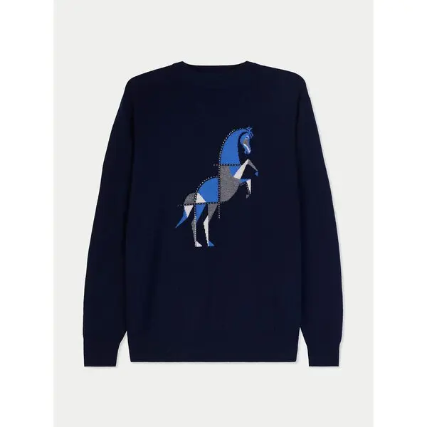 Gobi Cashmere Horse Intarsia Crewneck Sweater - Navy