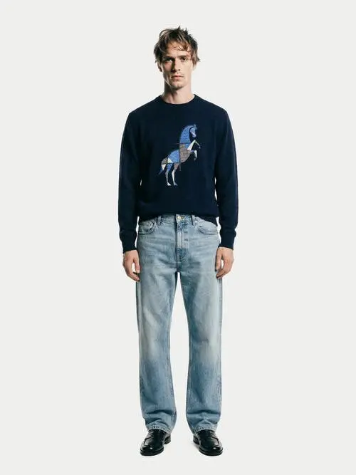 Gobi Cashmere Horse Intarsia Crewneck Sweater
