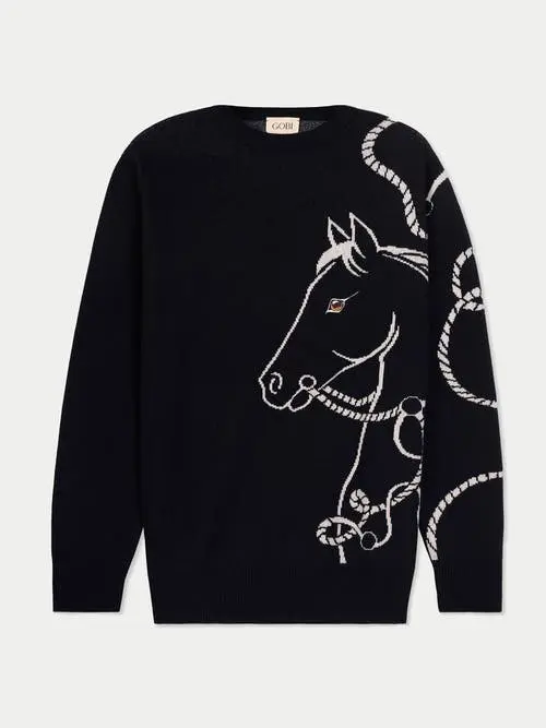 Gobi Cashmere Horse Jacquard Crewneck Sweater