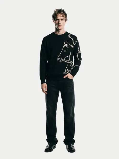 Gobi Cashmere Horse Jacquard Crewneck Sweater