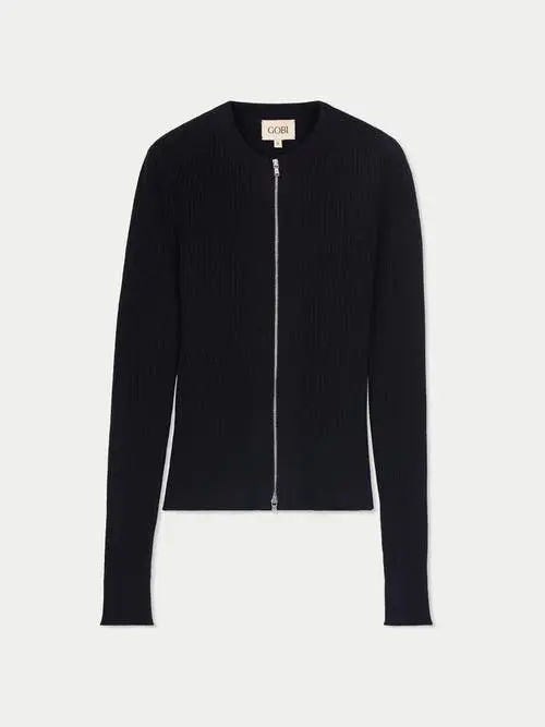 Gobi Cashmere Ribbed Two-way Zip Cardigan - Black