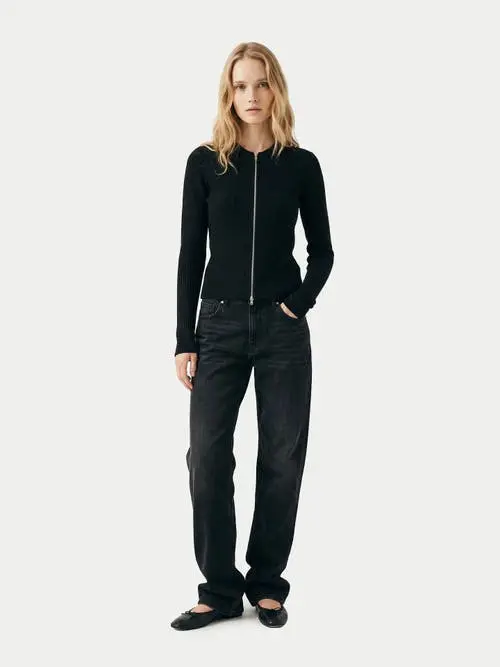 Gobi Cashmere Ribbed Two-way Zip Cardigan - Black