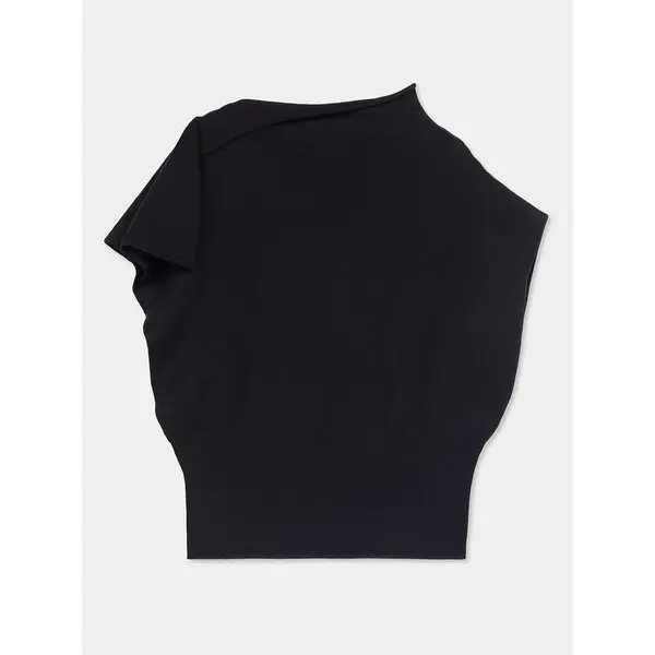 Gobi Cashmere Asymmetrical Funnel Neck Top With Cape Overlay - Black