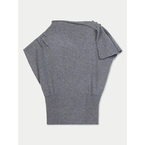 Gobi Cashmere Asymmetrical Funnel Neck Top With Cape Overlay - Steel-gray