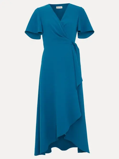 PHASE EIGHT Julissa Wrap Midi Dress With Flutter Sleeves And Cascading Ruffle - Blue